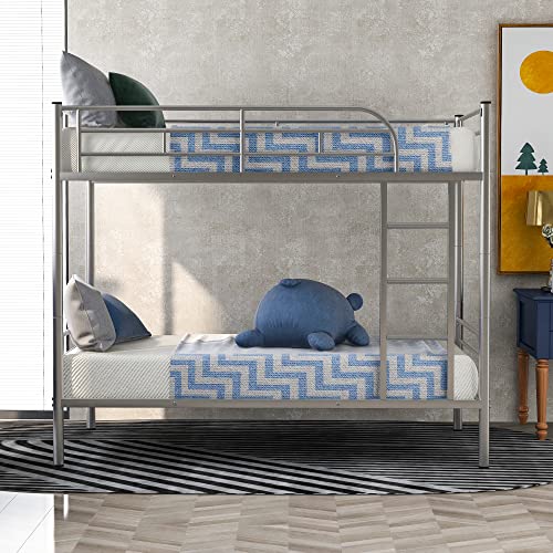 EMKK Metal Floor Bunk Bed, Twin Over Twin,Metal Bunk Bed, Twin Over Twin Size Beds with Sturdy Guard Rail & Removable Ladder,White