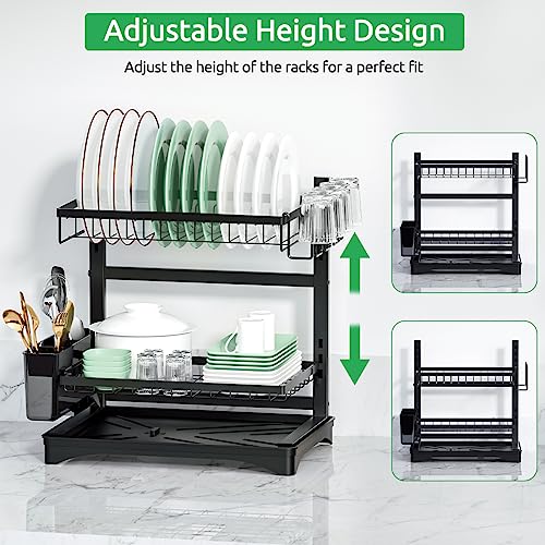KOOTETA Dish Drying Rack, 2-Tier Dish Rack for Kitchen Counter, Space Saving Kitchen Drying Rack, Dish Dryer Rack with Drainboard, Utensil Holder and Cup Holders, Black