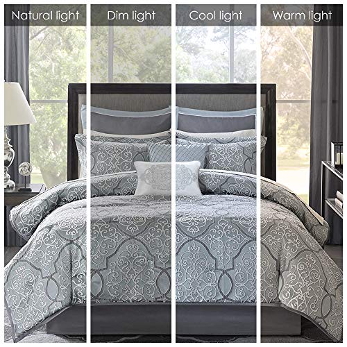 Madison Park Lavine Cozy Bed in a Bag Comforter Set, Traditional Luxe Jacquard Design All Season Down Alternative Bedding with Cotton Bed Sheets, Bed Skirt & Pillows, Queen Blue 12 Piece