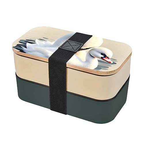 Cute Little Swan Adult Lunch Box, Bento Box, With Cutlery Set Of 3, 2 Compartments, Rectangular, Lunch Box For Adults