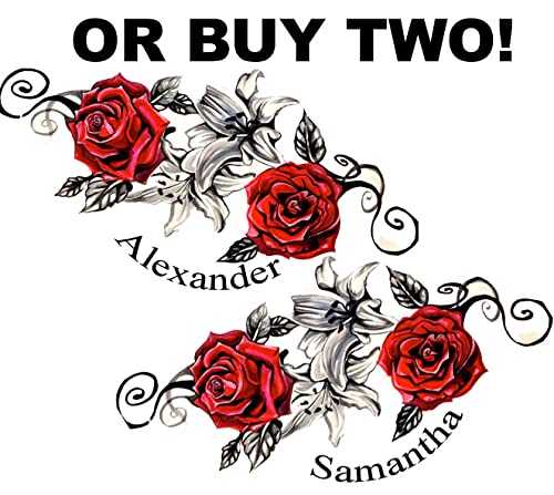 Custom fake tattoo rose | Temporary removable customized flower tattoos personalized floral design | Add text to temp tatoo. Last 2-5 days & go on with water. Removeable party supplies sticker decals