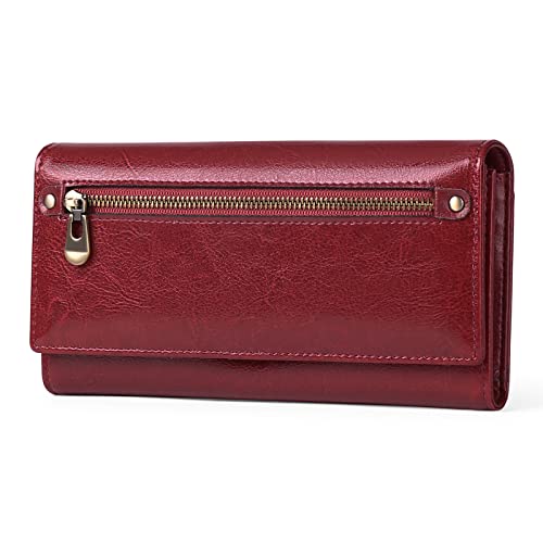 KELEEL Women Wallet Leather Clutch Bifold RFID Blocking Large Capacity Slim Ladies Purse Card Holder Organizer (Gloss Red)