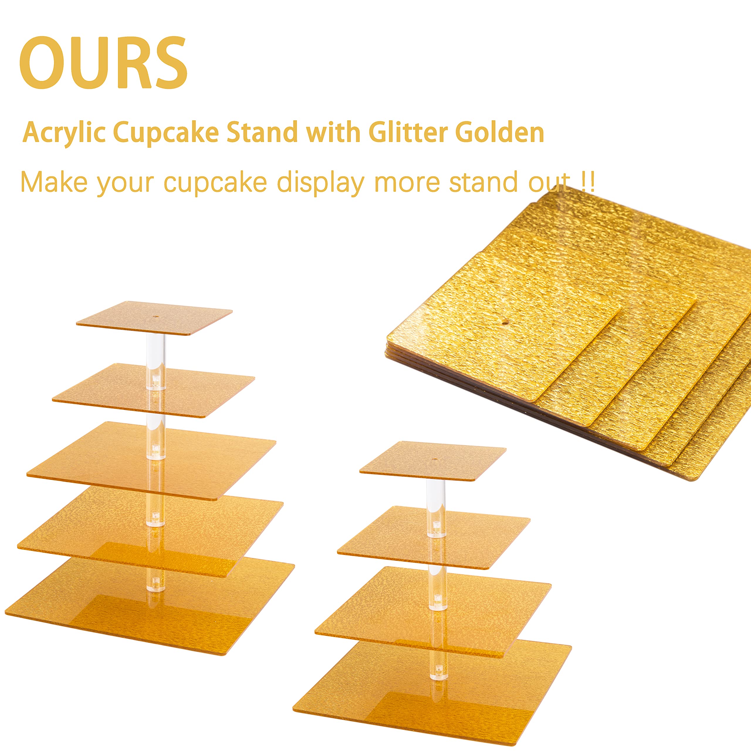 BLBYHO 5 Tier Gold Cupcake Stand, Acrylic Cup Cake Tower Display Dessert Stand, Square Cake and Cupcake Stand Combo Set for Dessert Table Bases para Cupcakes, Good for Party, Wedding, Christmas