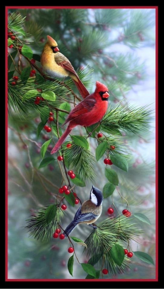 Elizabeth Studios 24"" X 44"" Panel Birds and Berries Christmas Winter Holiday Seasonal Holly Ivy Pines Needles Cones Trees Black Cotton Fabric Panel (40003BLACK)
