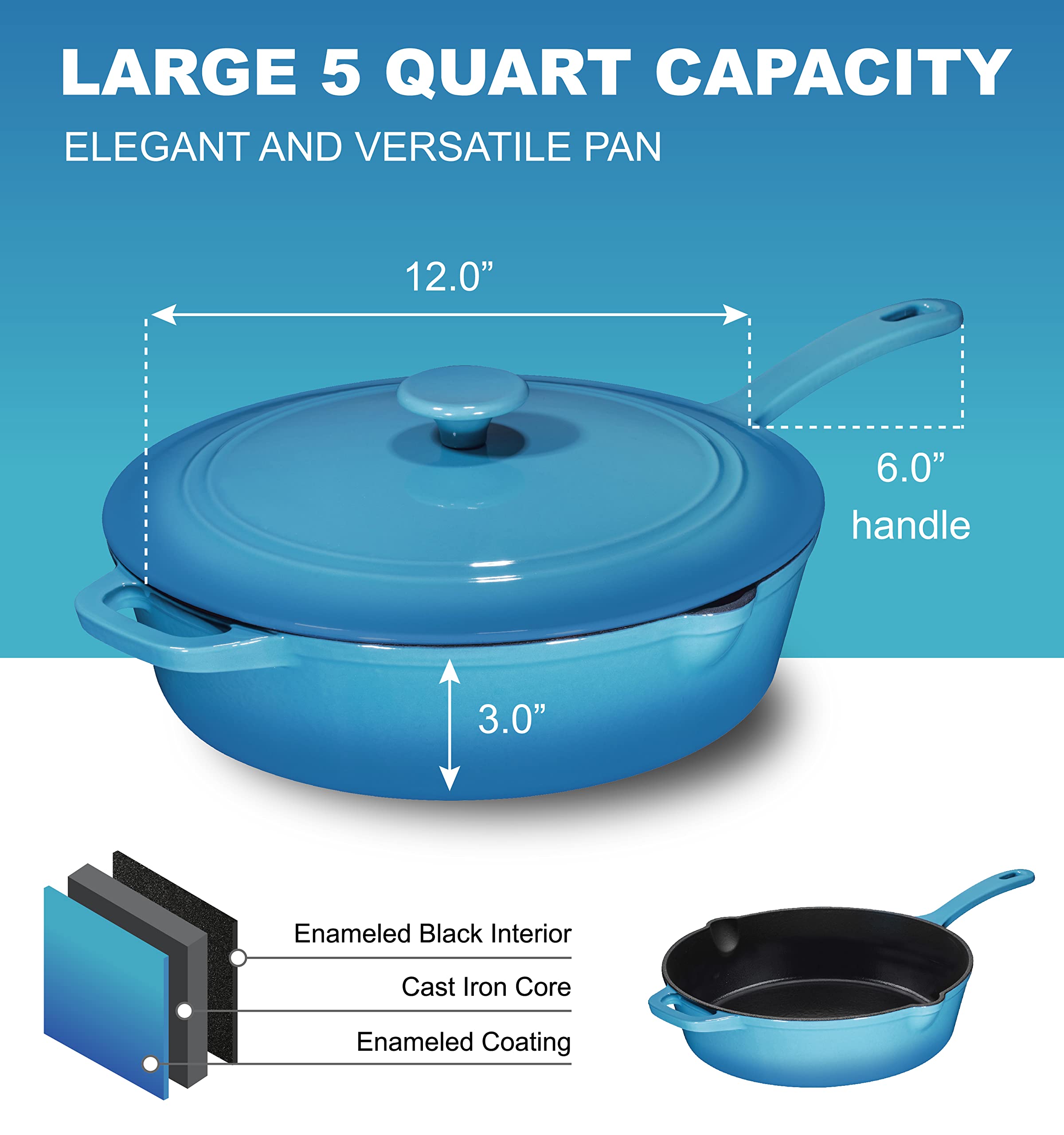 Bruntmor 5 Qt Turquoise Enamel Cast Iron Sauté Pan With Lid, 5 Quart Oven Safe Cast Iron Skillet, Cast Iron Grill Pan Set, Nonstick Cookware And Bakeware For Casserole Dish