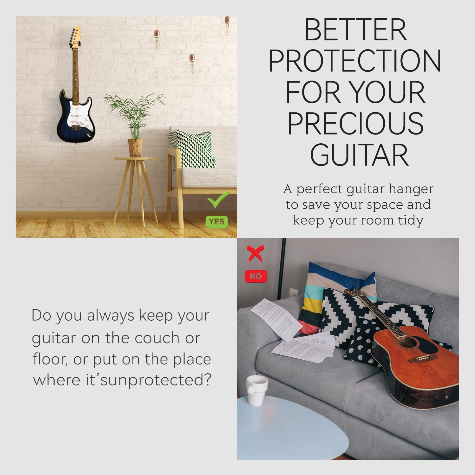 LALAOKS Guitar Wall Mount Guitar Hanger Metal Black for Acoustic Electric Bass Guitars Ukulele and More Instruments (Guitar Type)