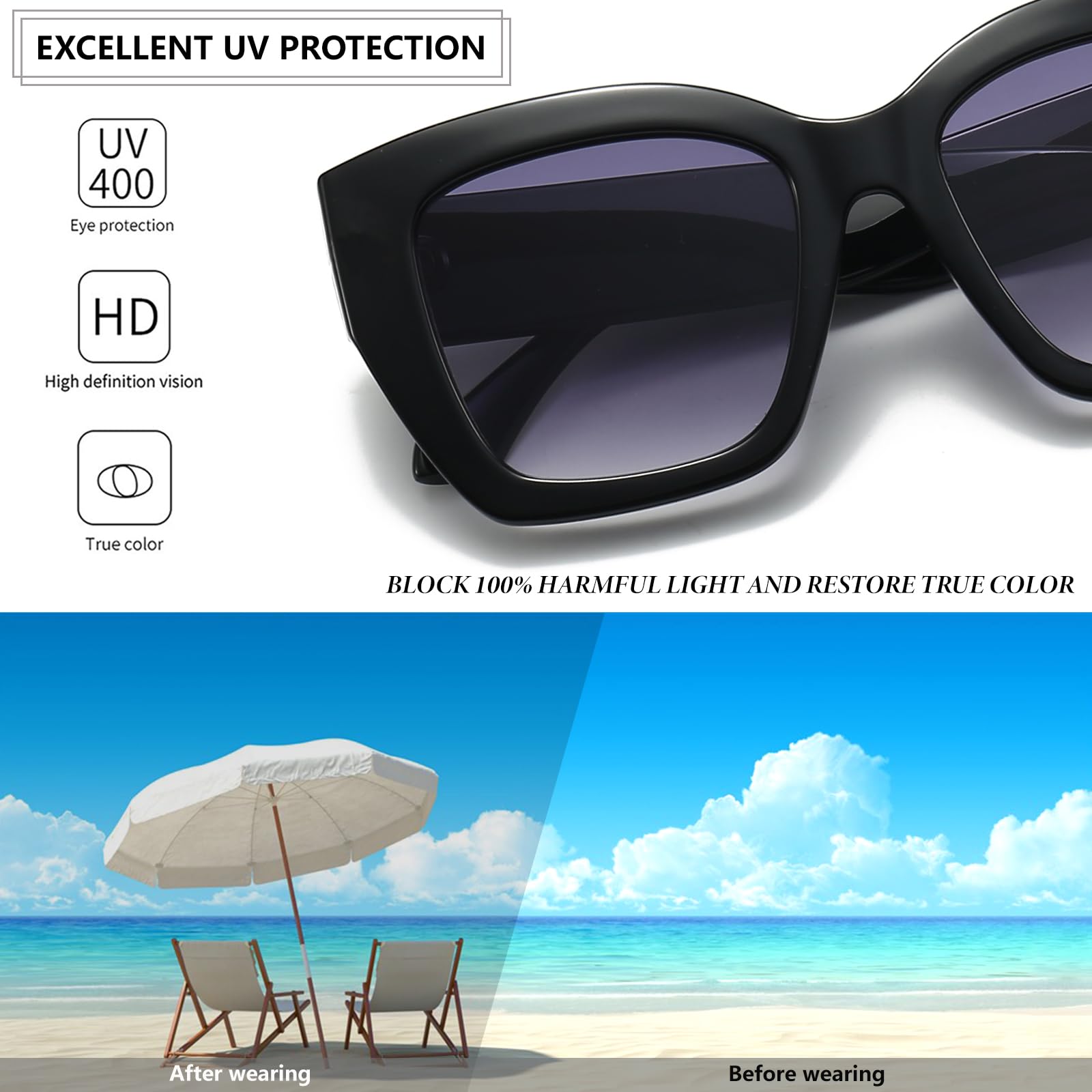 BRMHDY Oversized Square Sunglasses for Women Thick Fashion Big Frame Sunnies Trendy UV400 Black Shades (Black/Grey Gradient), MM