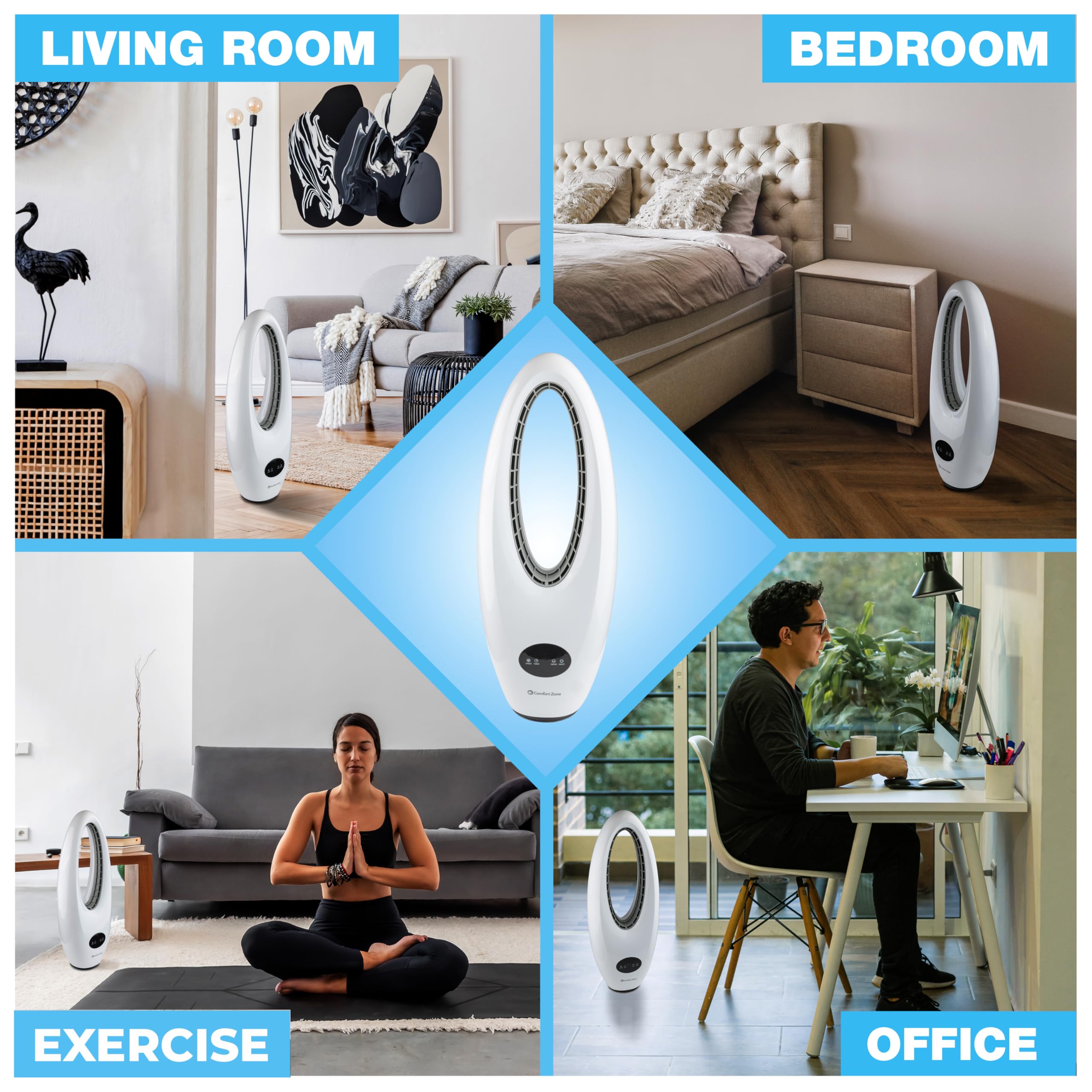 Comfort Zone Oscillating Bladeless Tower Fan with Remote Control, 28 inch, 3 Speed, 70 Degree Oscillation, Portable, 9-Hour Timer, LED Display, Ideal for Home, Bedroom, Dorm & Office, CZ12548
