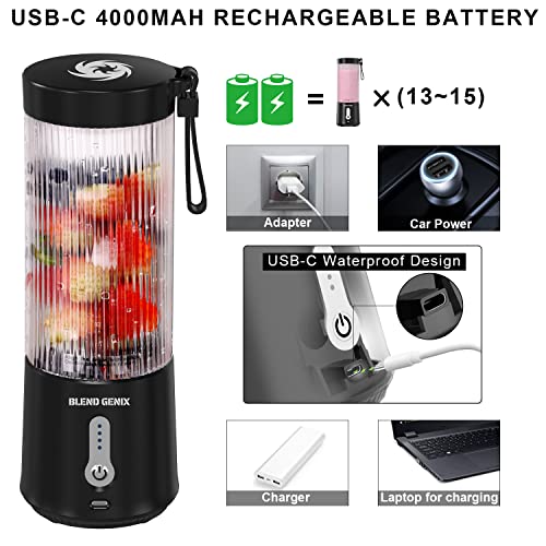 Blend Genix Blender for Shakes and Smoothies β Advanced Portable Fruit Blender with USB Charging Premium Blender Bottle with 450ml Capacity Lightweight and Durable Materials Practical Lanyard, Black