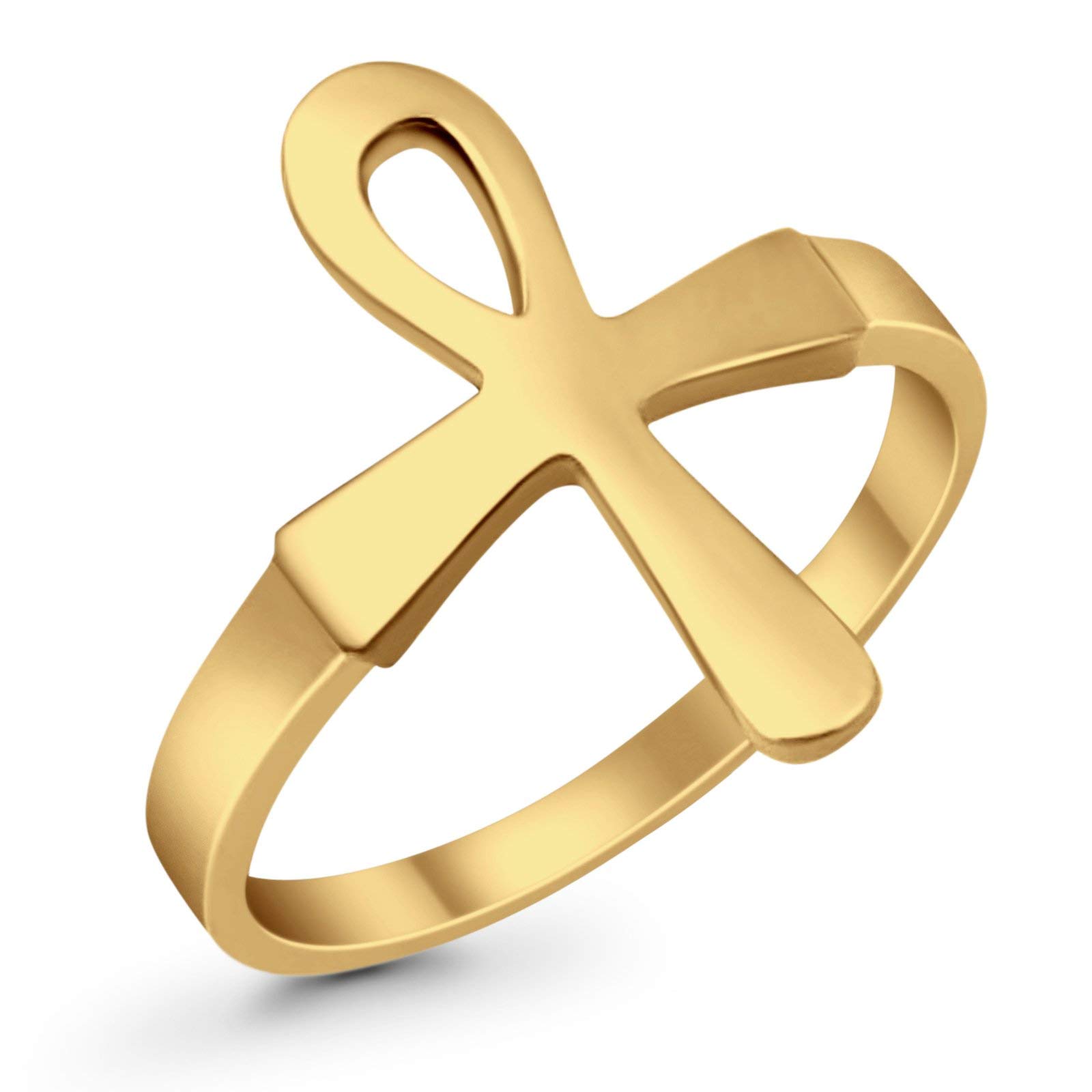 Blue Apple Co. Yellow Tone, Sterling Silver Size-8 Dainty Petite Egyptian Vintage Design Simple Plain Ankh Ring Round 925 Sterling Silver