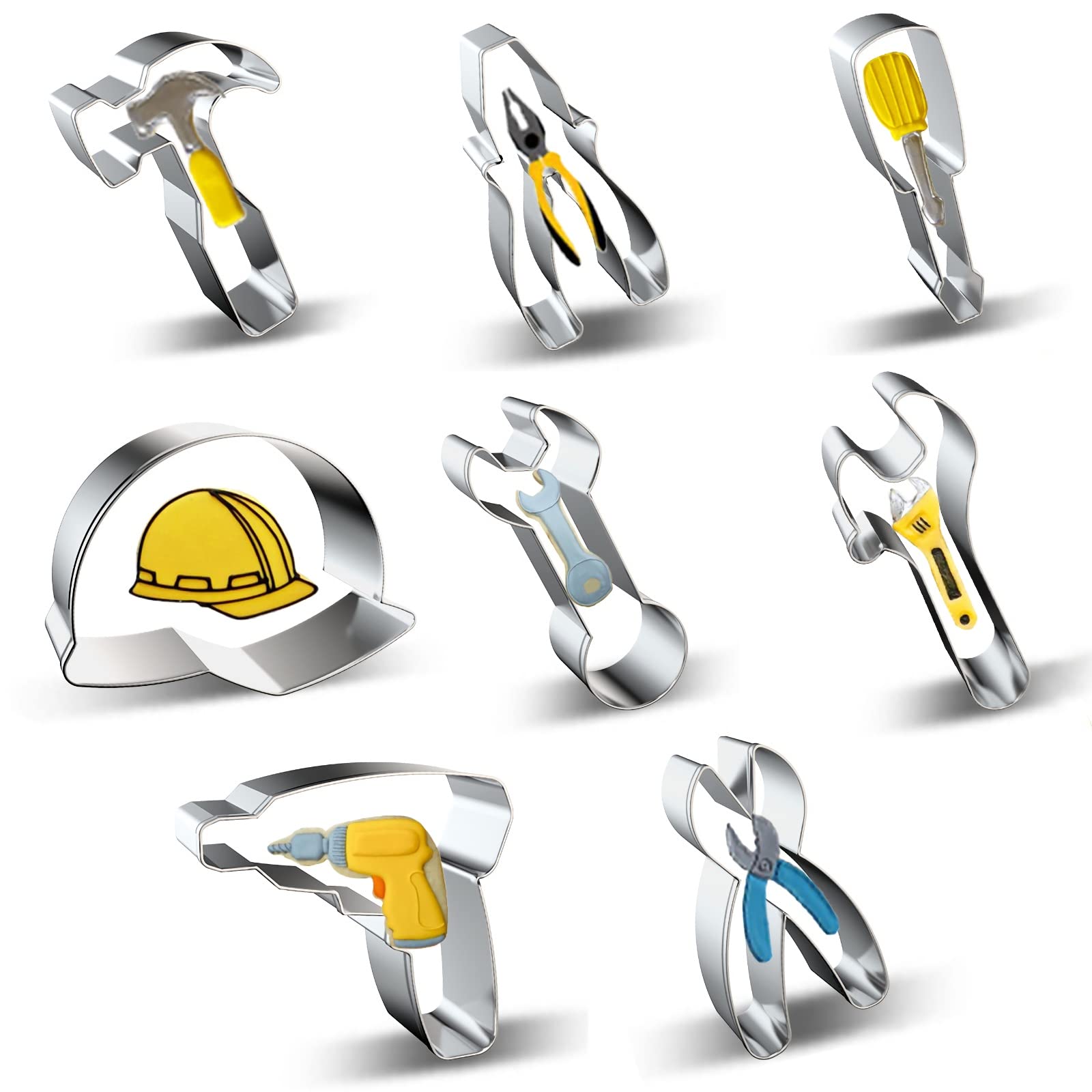 Construction Tool Cookie Cutter Set of 9 - Hammer Pliers Screwdriver Safety Helmet Hard Hat Wrench Spanner Drill Scissor Hardware Tools Cookie Cutters Shapes Molds for Kids Labor Day Party Supplies