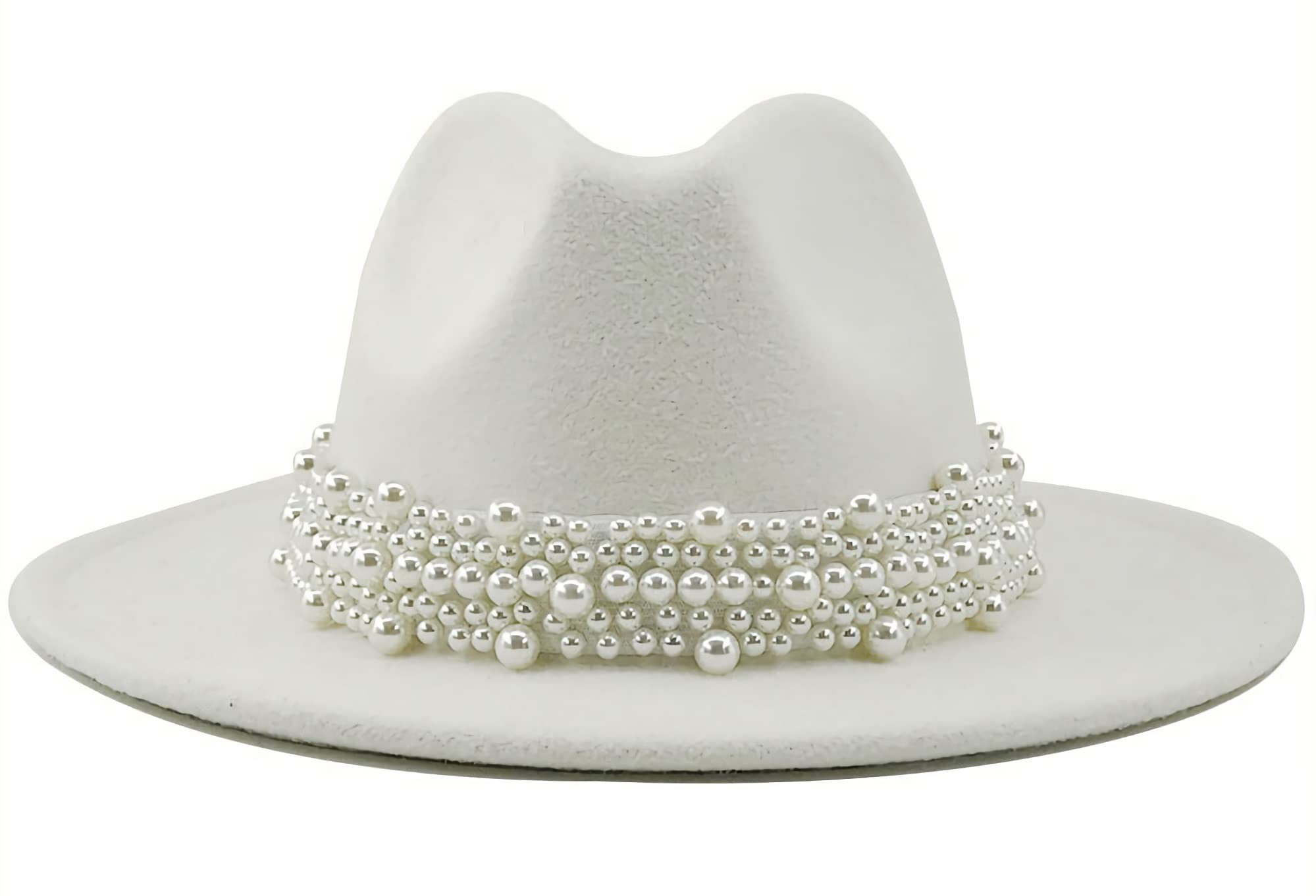 Qkrlamx Black Fedora Hats for Women Wool Panama Hat with Pearl Band Wide Brim Felt Hat Classic Trilby Hat White