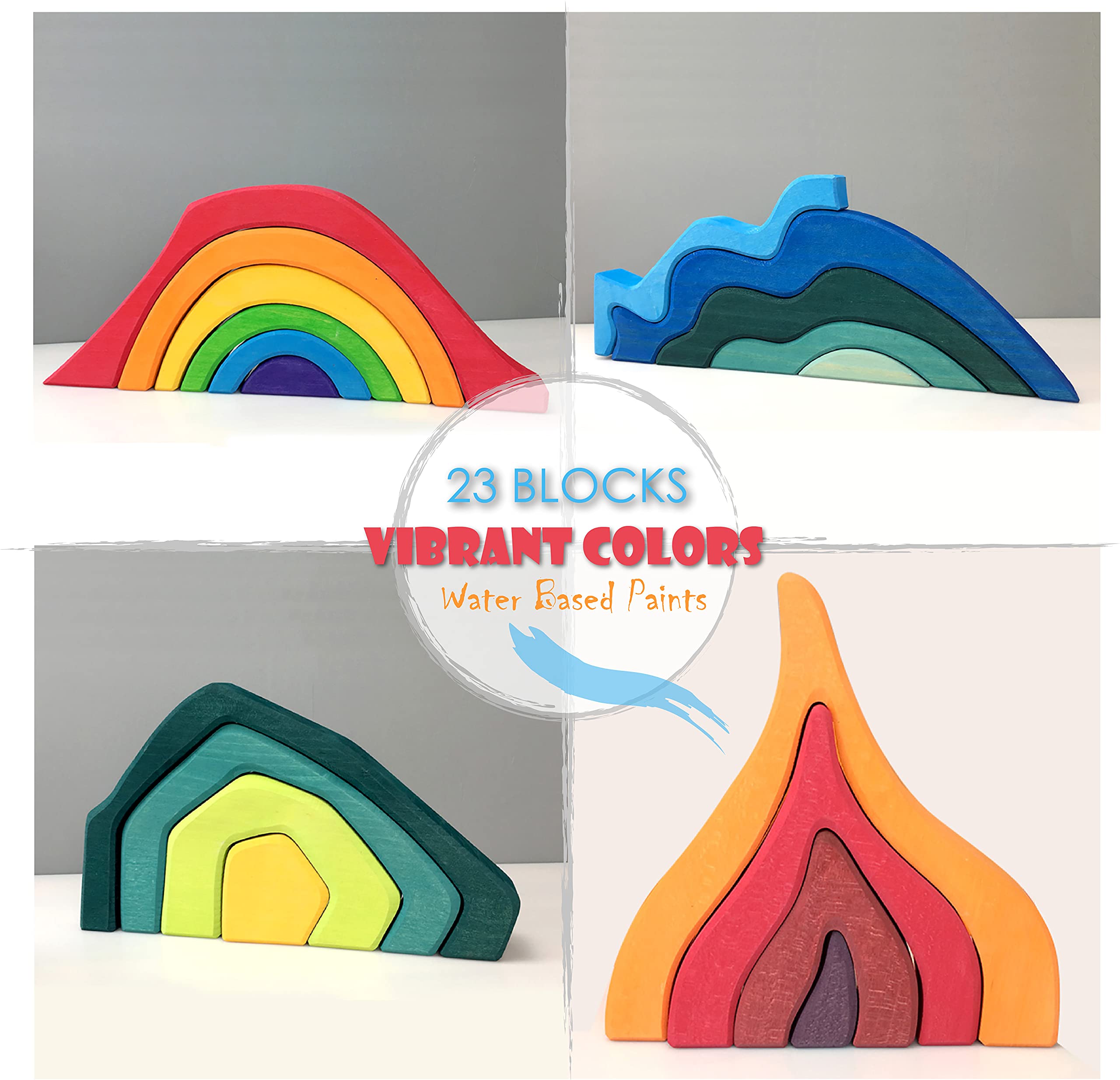moderngenic 'Four Elements' Rainbow X-Large Rainbow Blocks, Wooden Toys for Kids, Geometric Building Puzzle, Volcano/House Educational Set