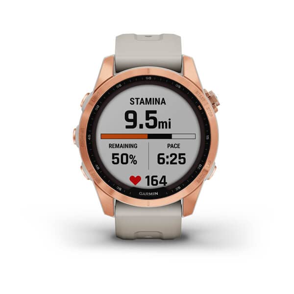 Garmin Fenix 7S Solar Edition Smart Watch Rose Gold with Light Sand Band (42mm) + Watch Charging Stand + USB Car/Wall Adapter + 6TH AVE Cleaning Kit (010-02539-10)