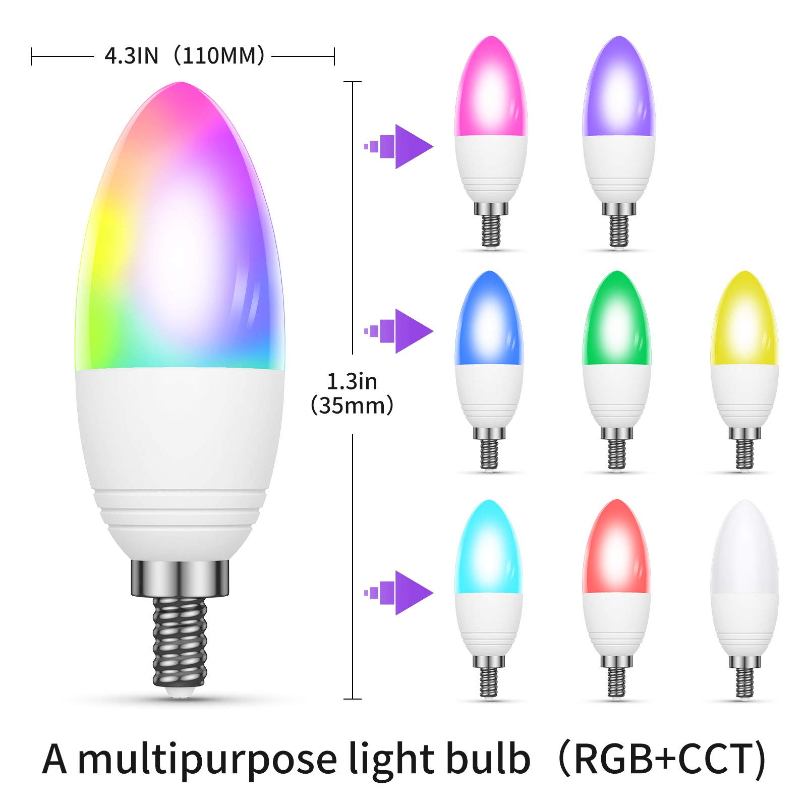Bewahly Smart Light Bulbs, led Color Changing Candelabra Light Bulbs, E12, 4.5W,40W Equivalent,300 Lumen,RGB + CCT, Warm-Cold White Dimmable (2700K-6000K), Support WiFi/Alexa/Google Home (4Pack)