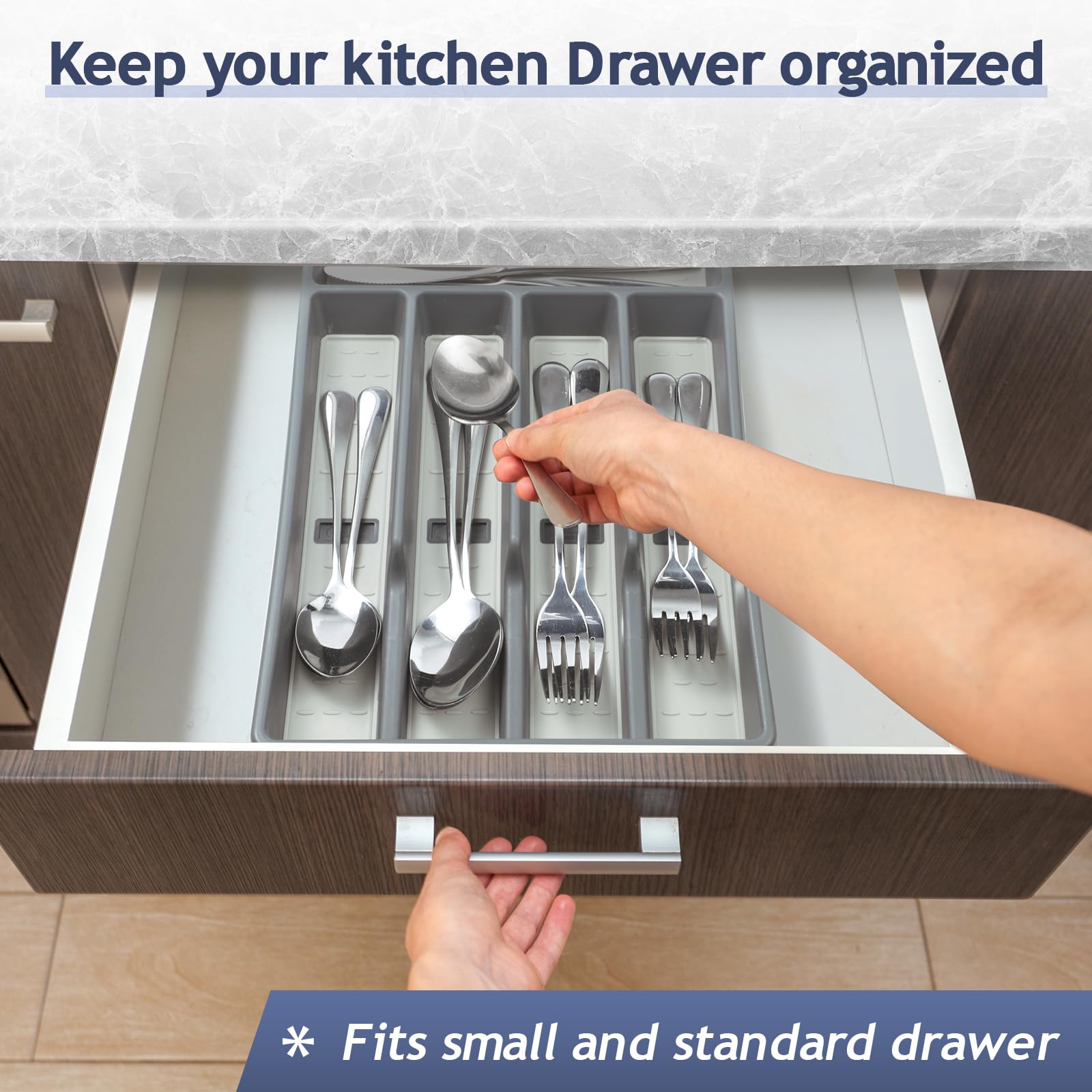 CherHome Silverware Organizer with Cutlery Icons,Silverware Tray for Kitchen Drawer,Plastic Flatware Tableware Silverware Drawer Organizer Utensil Organizer with Non-slip TPR Linings,5-Compartment