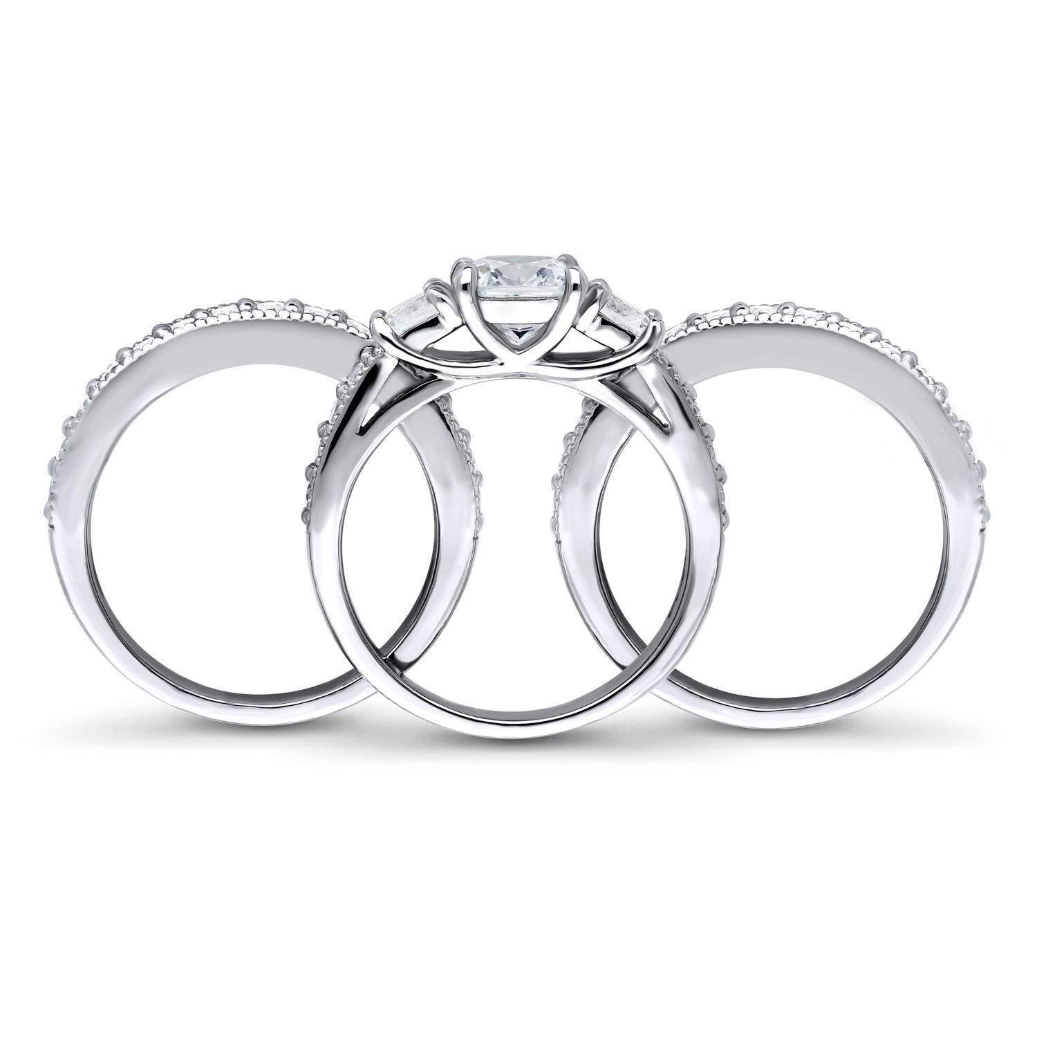 BERRICLE Sterling Silver 3-Stone Wedding Engagement Rings Cushion Cut Cubic Zirconia CZ Ring Set for Women, Rhodium Plated Size 8.5