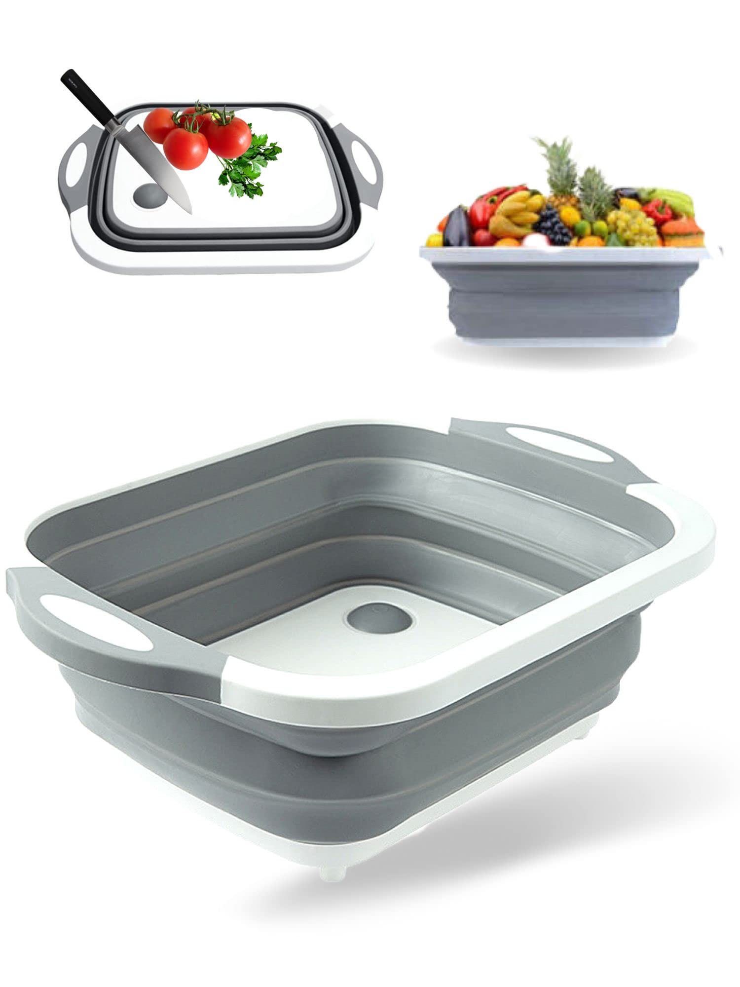 Collapsible Cutting Board with Wash Basin and Drainage Hole; BBQ Prep Tub and Camping Cutting Board; Space-Saving Collapsible Camping Dish Tub Sink RV and Camper Kitchen Must Have Accessory Grey