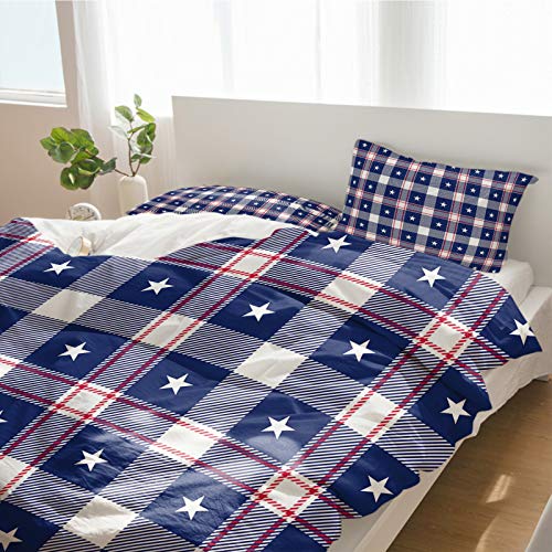 Duvet Cover Sets Independence Day Red White Blue Tartan,3 Pieces Bedding Set Ultra Soft Microfiber Quilt Covers and Pillowcase for Bedroom,USA Flag Star and Stripe Bed Set All Seasons Use