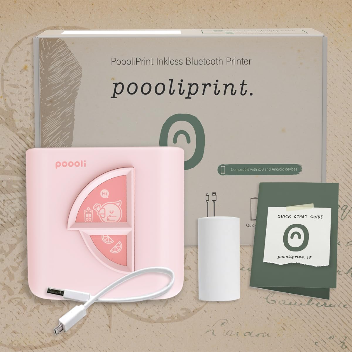 Poooliprint LE Inkless Pocket Printer - Mini Phone Bluetooth Portable Poooli Thermal Printer for iOS + Android Print Sticky Photos, Labels, Notes, Lists for Journal, Pink