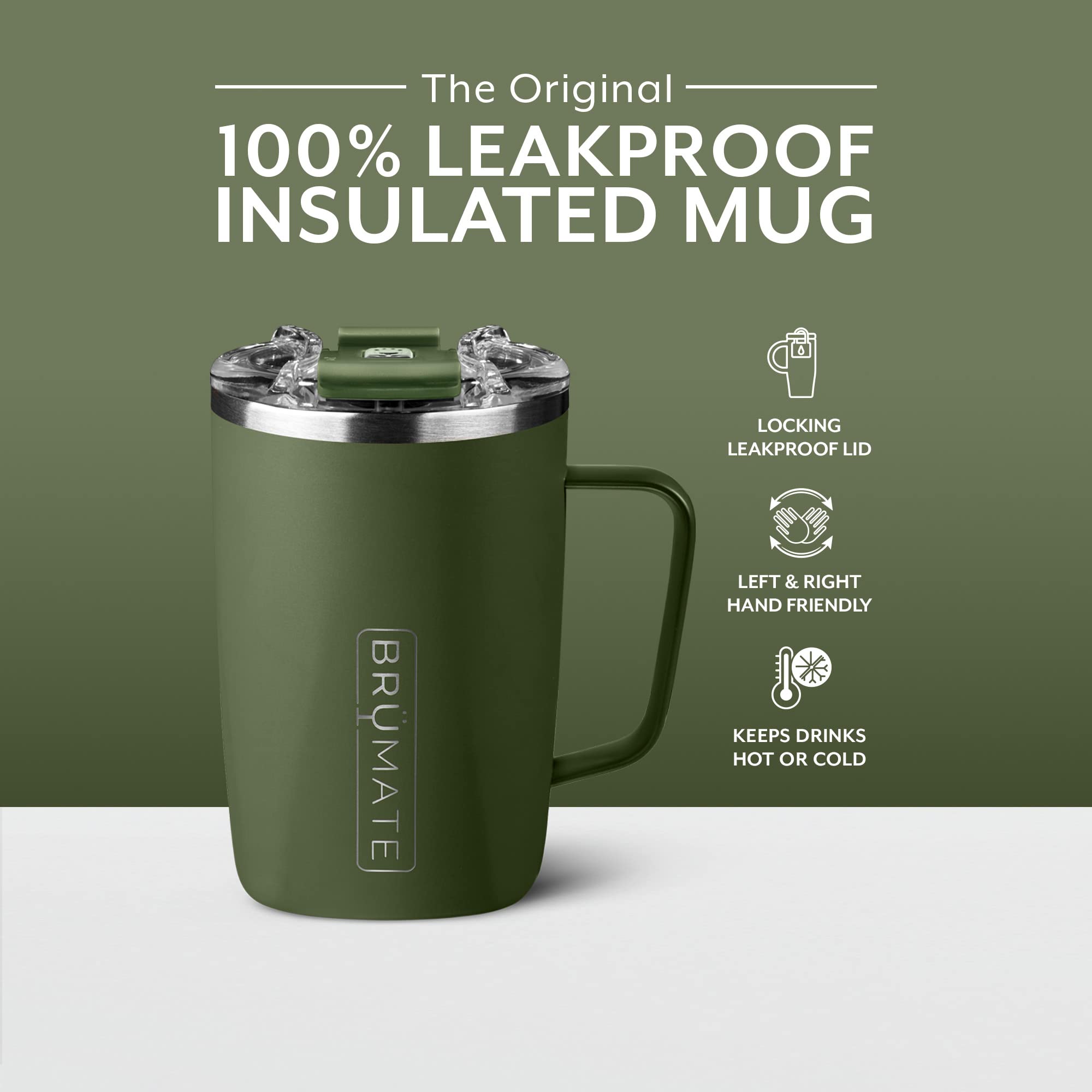 BrüMate Toddy - 16oz 100% Leak Proof Insulated Coffee Mug with Handle & Lid - Stainless Steel Coffee Travel Mug - Double Walled Coffee Cup (OD Green)