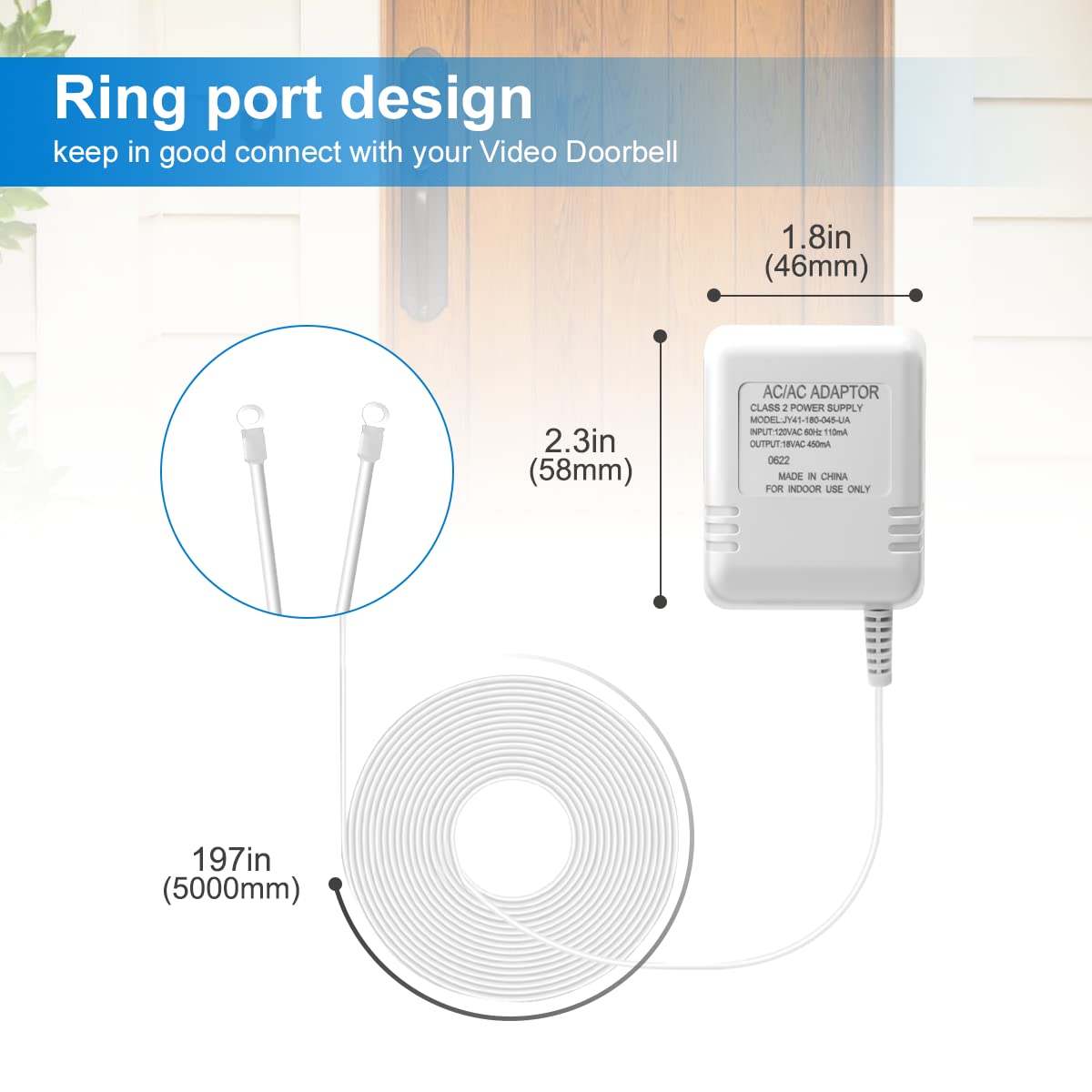 LANMU 18V Power Adapter Compatible with Nest Hello Video Doorbell, Arlo and SimpliSafe Video Doorbell (16.4ft/5m)