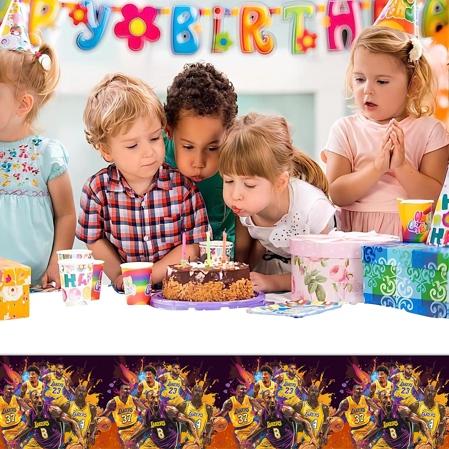 Chuntianli 2pcs Lakers Tablecloth Disposable Tablecover Birthday Party Supplies and Decorations for Kid Boy Baby Shower Rectangle Tables 70"X42",2 Pack