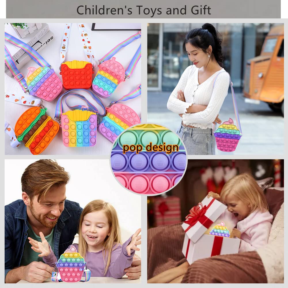 Pop purse bag for Girls, 2 in 1 Poppet Bag fidget Toy with Adjustable Shoulder Strap Length, Silicone Crossbody Small Purse Gift for Kids (Cup Cake)