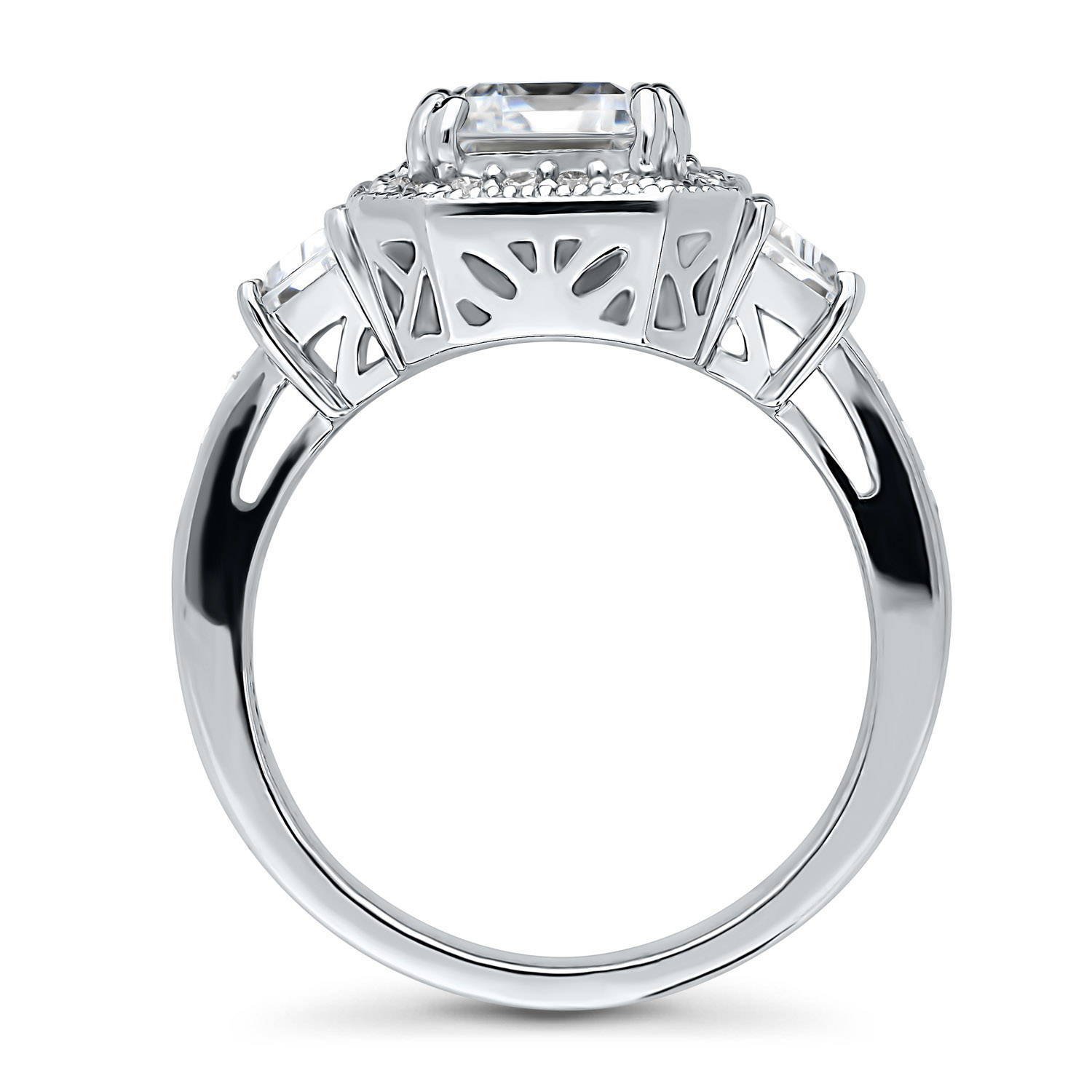 BERRICLE Sterling Silver Halo Wedding Engagement Rings Emerald Cut Cubic Zirconia CZ Statement Ring for Women, Rhodium Plated Size 9
