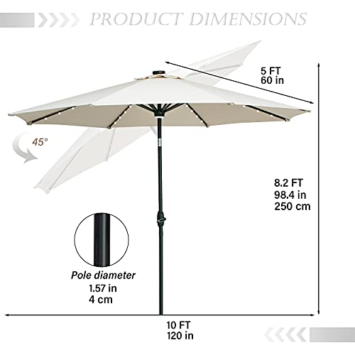 GDY 10Ft Patio Umbrella, Solar Powered 40 LED Lighted Aluminum Outdoor Table Market Umbrella with Tilt and Crank (Khaki)