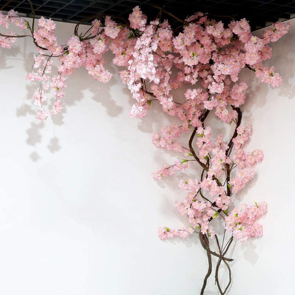 Homcomoda 4 Pcs Artificial Cherry Blossom Flower Vines Hanging Silk Flower Garlands Strings for Wedding Party DIY Home Garden Deceor