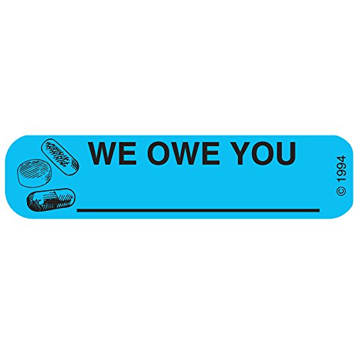 PHARMEX 1-677 Permanent Paper Label, WE OWE You", 1 9/16" x 3/8", Blue (500 per Roll, 2 Rolls per Box)