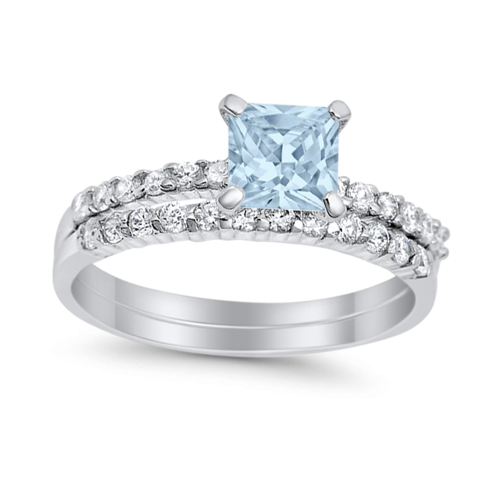 Blue Apple Co. Simulated Aquamarine Cubic Zirconia Size-7 Wedding Engagement Ring Band Bridal Set Princess Cut Round Simulated Cubic Zirconia 925 Sterling Silver