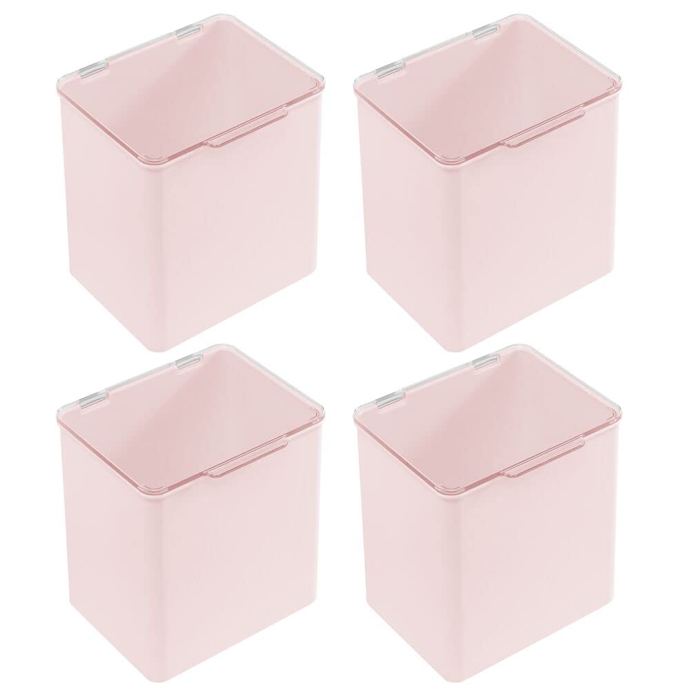 mDesign Plastic Stackable Box Household Storage Container with Attached Hinged Lid - Organizer for Entryway, Mudroom, Closet, Kitchen, Bathroom, Garage Kid's Room, Craft, 4 Pack - Light Pink/Clear