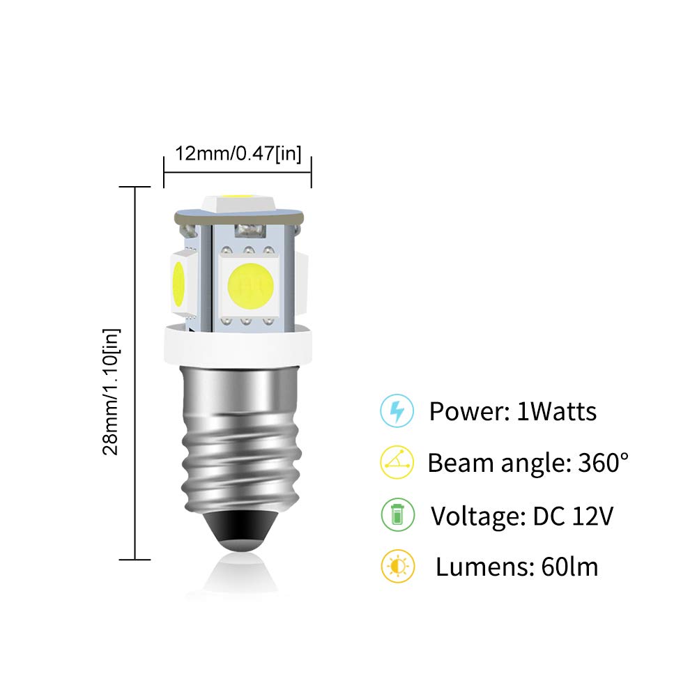 Bonlux E10 Miniature Screw Base 12V Spot LED Light Bulb, 1W E10 Dashboard Light Replacements 12V Flashlight Torch Work Light, Daylight, 4-Pack