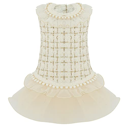Dog Plaid Dress Lace Tulle Tutu Princess Skirt with Pearls Accessory for Small Girl Dogs Christmas Holiday Wedding Birthday Party (White, M)