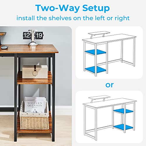 GreenForest 39 inch Walnut Computer Desk with Monitor Stand and Reversible Storage Shelves and 69 inch L Shaped Desk with Drawers and with Power Outlet