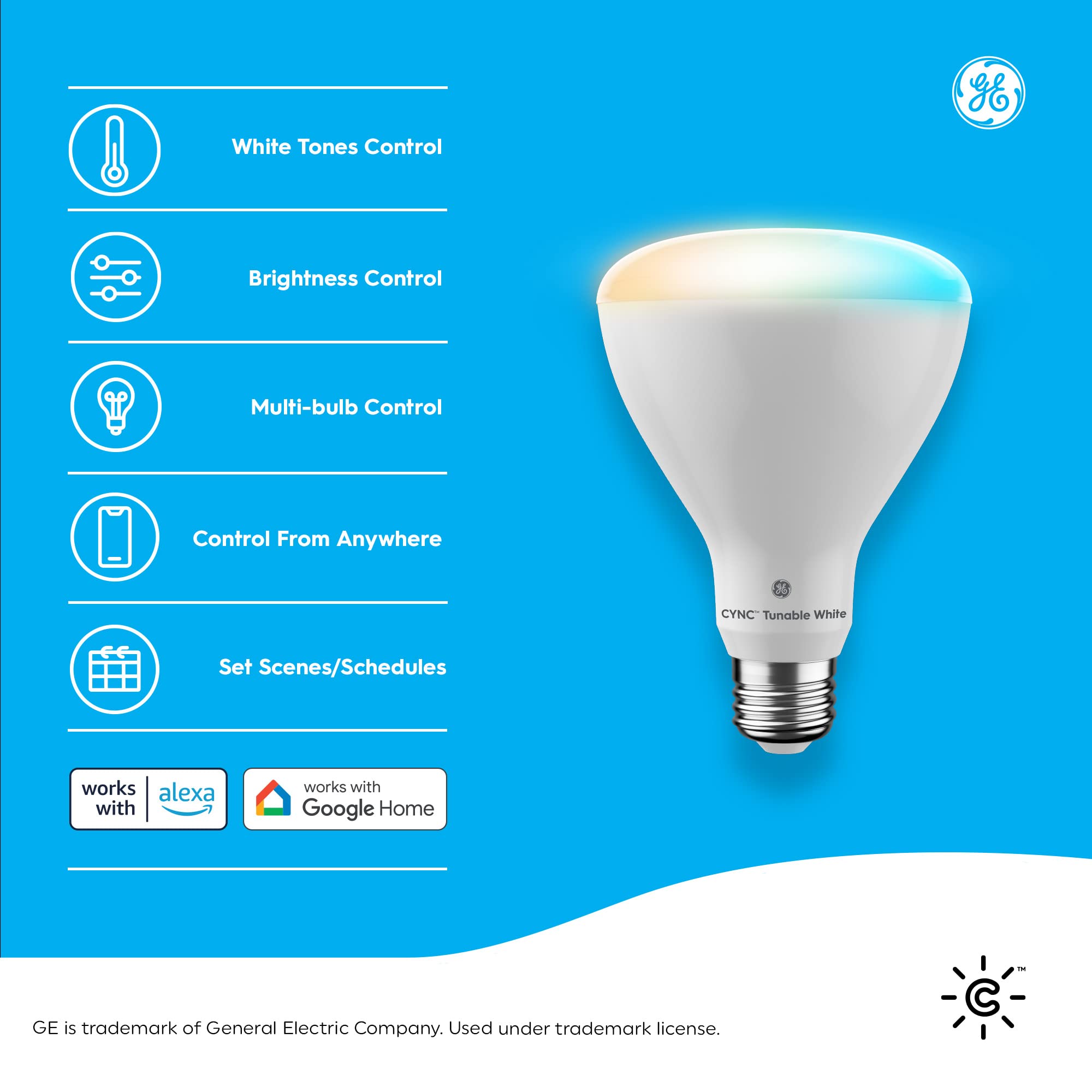 GE CYNC Smart LED Light Bulbs, Tunable White, Bluetooth and Wi-Fi, Works with Alexa and Google, BR30 Indoor Floodlights (2 Pack)