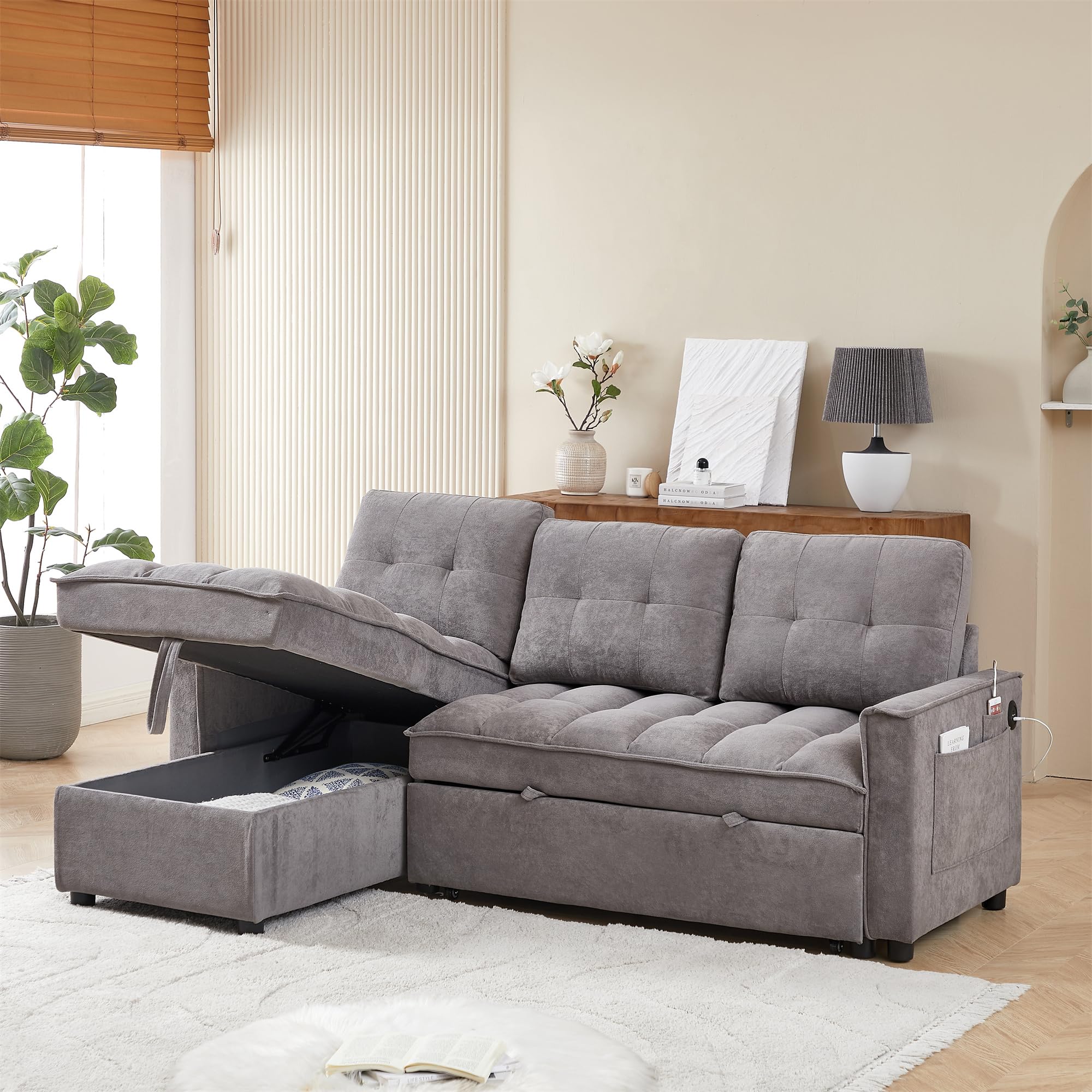 Convertible Chair Bed, 3 in 1 Convertible Sofa Bed Sleeper Sofa with Storage Chaise & Side Pocket, Built-in Charging Station, L-Shaped Couch in Chenille, Pull Out Sofa Bed Couch for Living Room, Beige