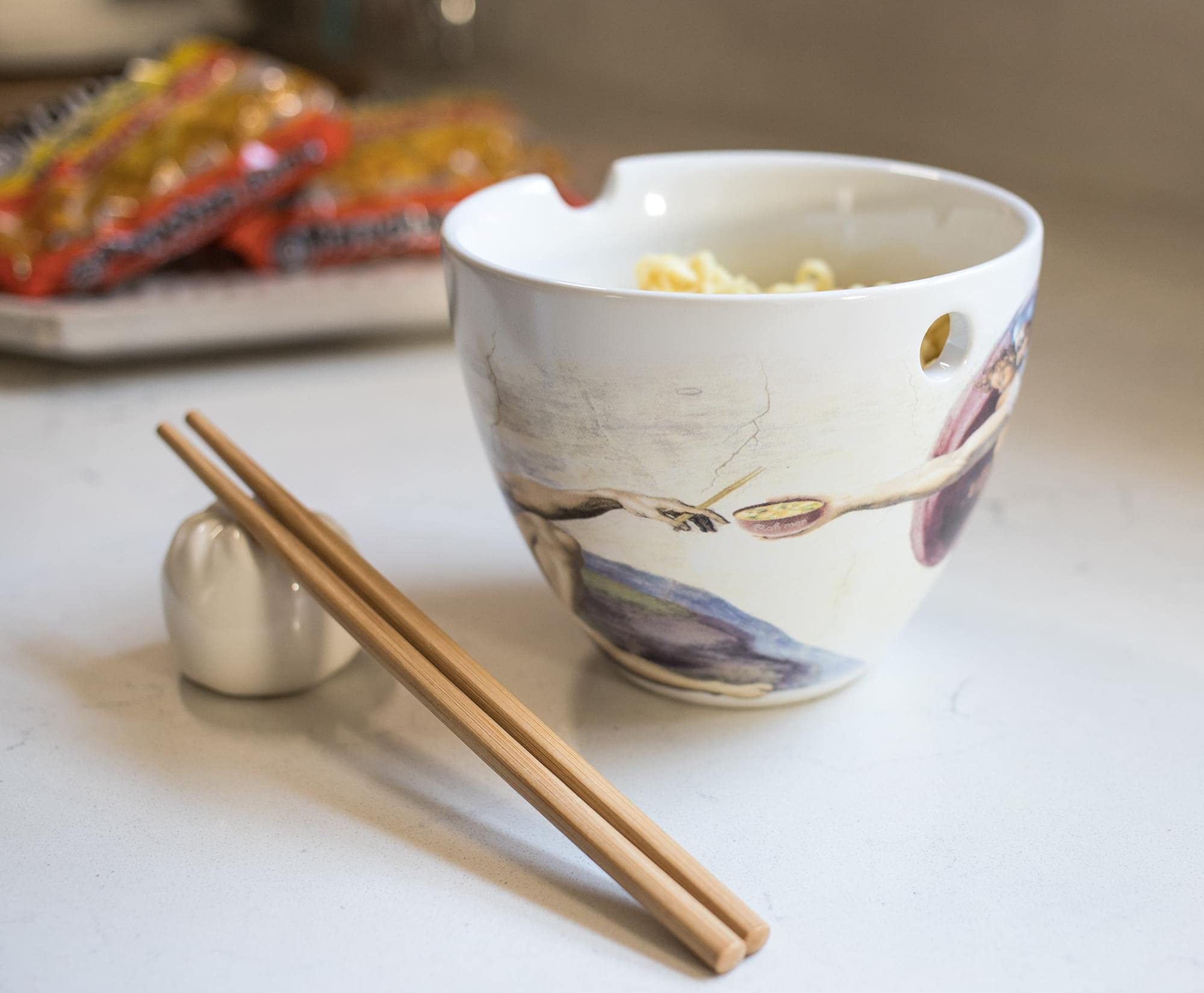 Bowl Bop Sistine Chapel Japanese Ceramic Dinnerware Set | Includes 16-Ounce Ramen Noodle Bowl and Wooden Chopsticks | Asian Food Dish Set For Home & Kitchen | Funny Religious Gifts, Snack Collectible