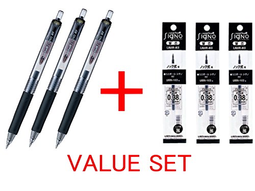 Uni-ball Signo RT Rubber Grip & Click Retractable Ultra Micro Point Gel Pens -0.38mm- Black Ink-3 Pens & 3 Pens Refills - Value Set