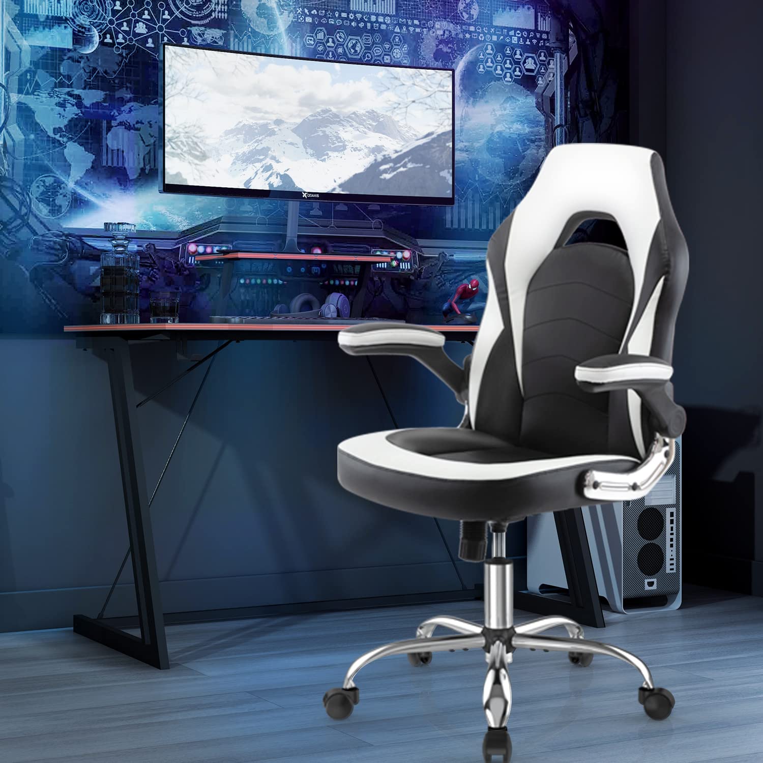 SMUG Gaming Ergonomic Office Computer Desk Racing Style Bonded Leather Gamer Chair, with Flip-Up Arms and Adjustable Height, White