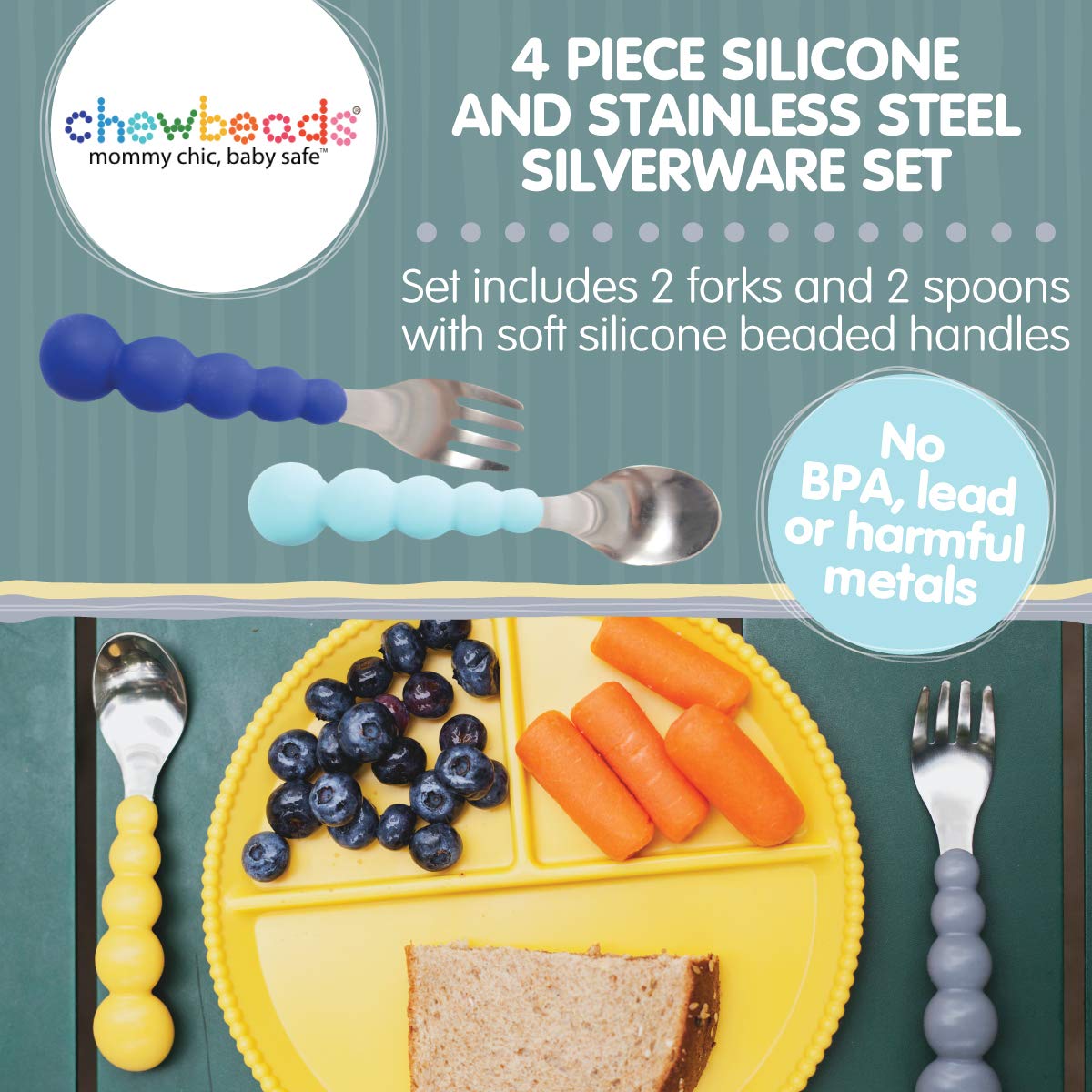 Chewbeads - Toddler Utensils Set - 4 Piece Baby, Kid or Toddler Silverware Set - Toddler Spoons and Forks Flatware - 100% Safe, BPA Free & Phthalate Free (Pink/Purple)