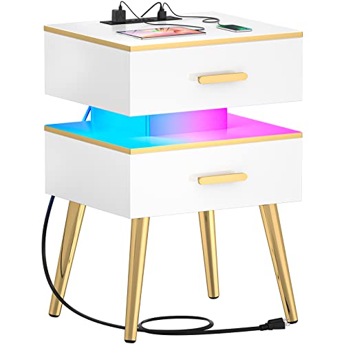 Cyclysio 28.5'' White Nightstand with Charging Station, Tall Bedside Tables with Led Lights, Bed Side Table Night Stand with Drawers for Bedroom and Sofa Side, Bright White Finishing