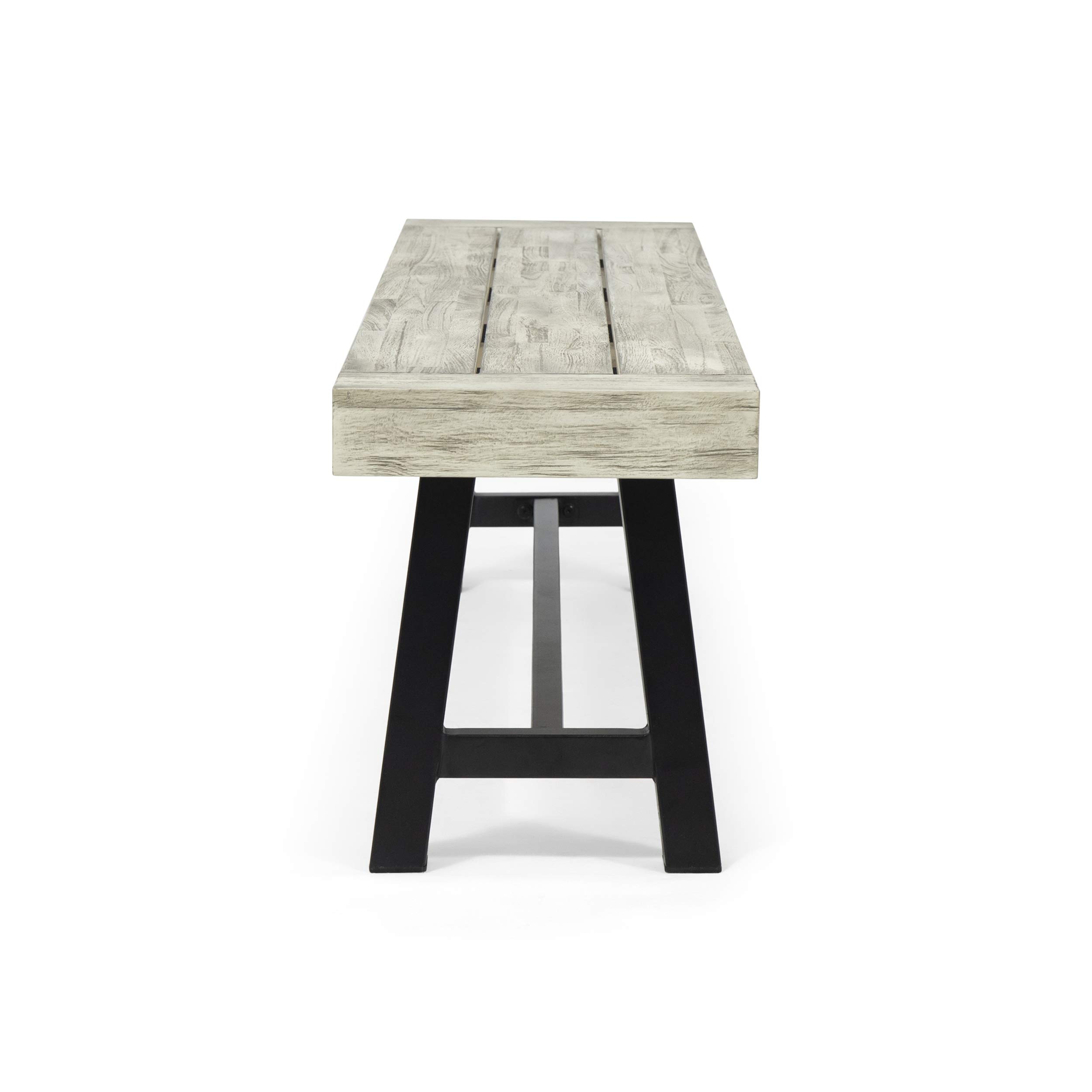 GDFStudio Outdoor Acacia Wood Bench, Sandblast Light Gray Wash and Black Metal