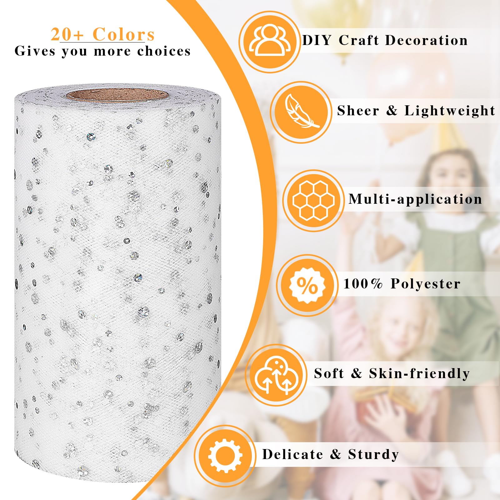 Glitter Tulle Rolls, 6” by 50 Yards (150FT) Sequin Tulle Netting Fabric Tulle for Tutu Skirts Sewing Birthday Wedding Party Decoration (White)