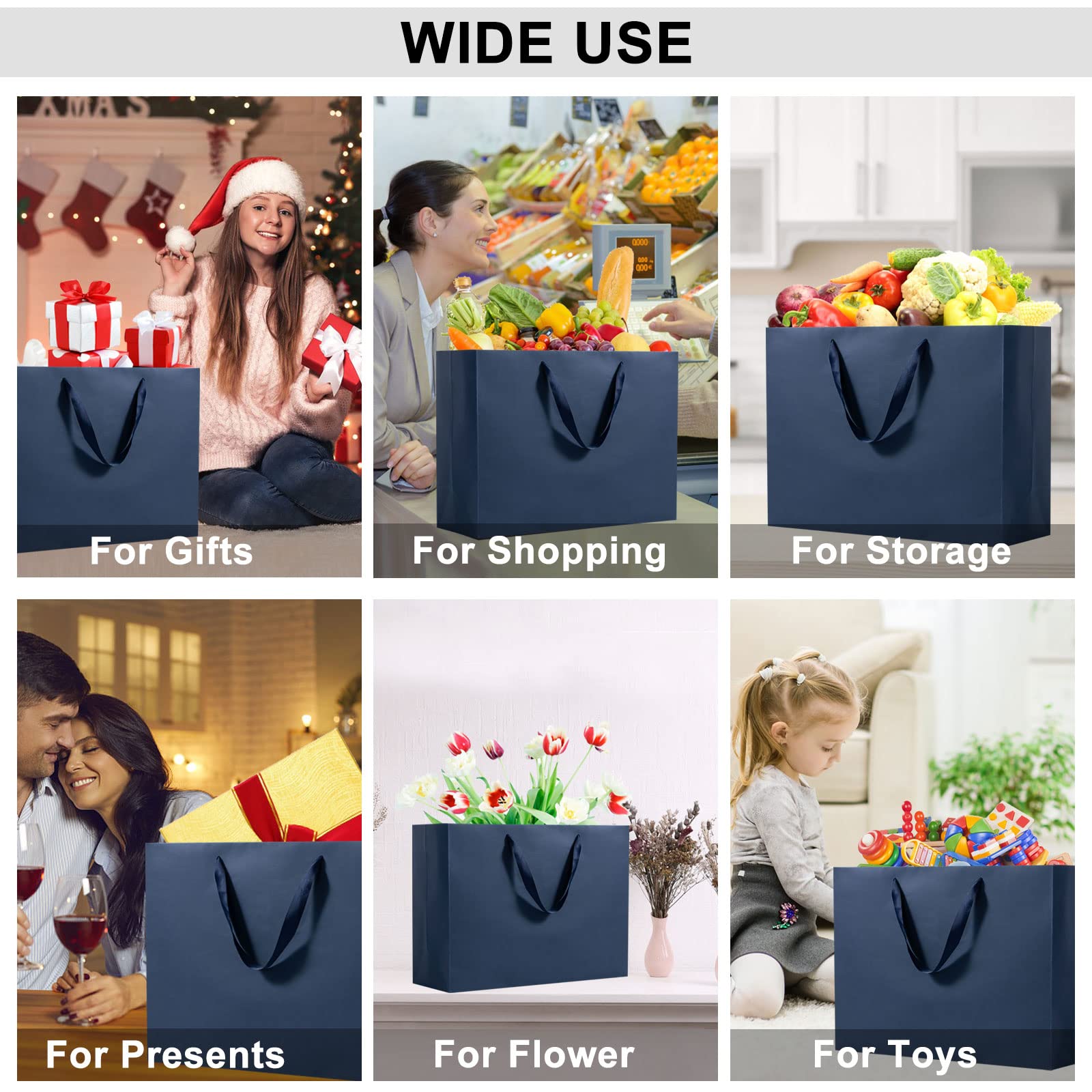 Katfort Large Navy Blue Gift Bag with Handles 12 Pack, 16''×6''×12'' Extra Large Gift Bag with Ribbon Handles, Reusable Heavy Duty Kraft Paper Bags Bulk for Shopping, Wedding, Party, Gift, Retail