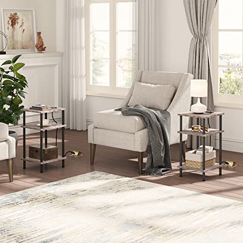 HOOBRO Set of 2 Side Tables with Charging Station and USB Ports, 3-Layer Stackable Nightstands, End Tables for Small Spaces in Bedroom, Living Room, Industrial Style, Greige and Black BG10UBZP201
