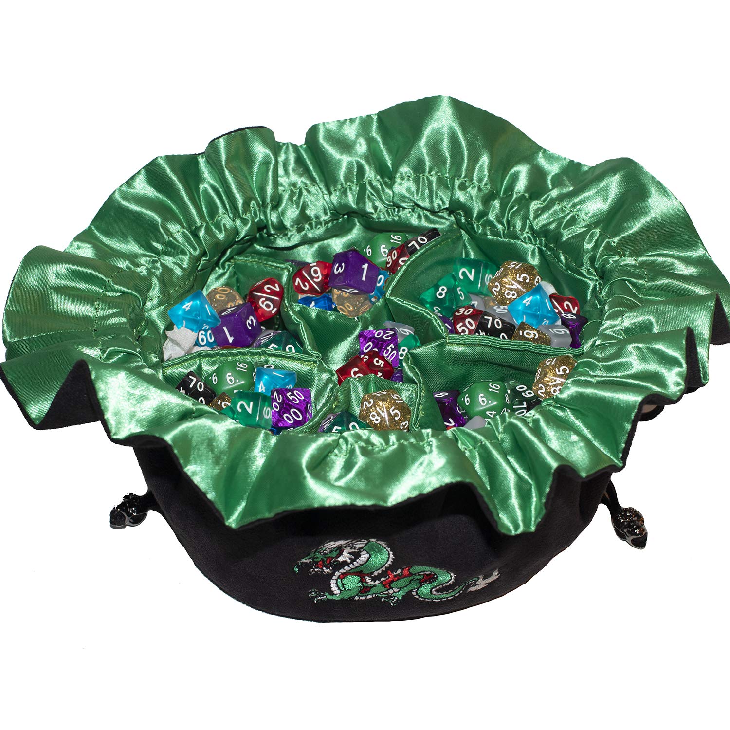 Large Dice Bag with Pockets â Embroidered Green Dragon DND Dice Bag | Green Satin Interior Lining | Man-Handles 150+ Dice