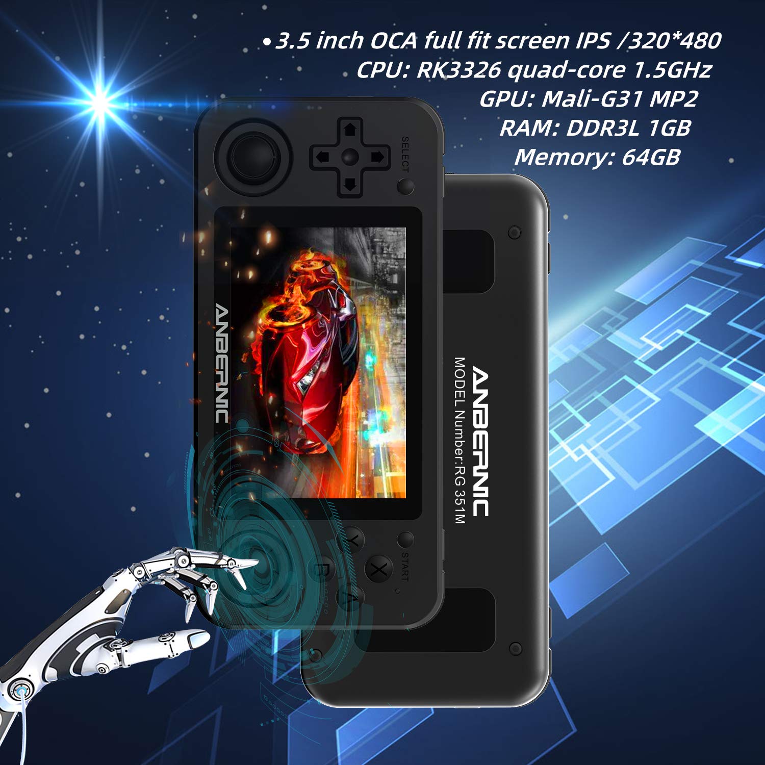 RG351M Handheld Game Console WiFi Function, Open Source System RK3326 Chip 64G TF Card 2500 Classic Games 3.5 Inch IPS Screen 3500mAh Battery (Black)